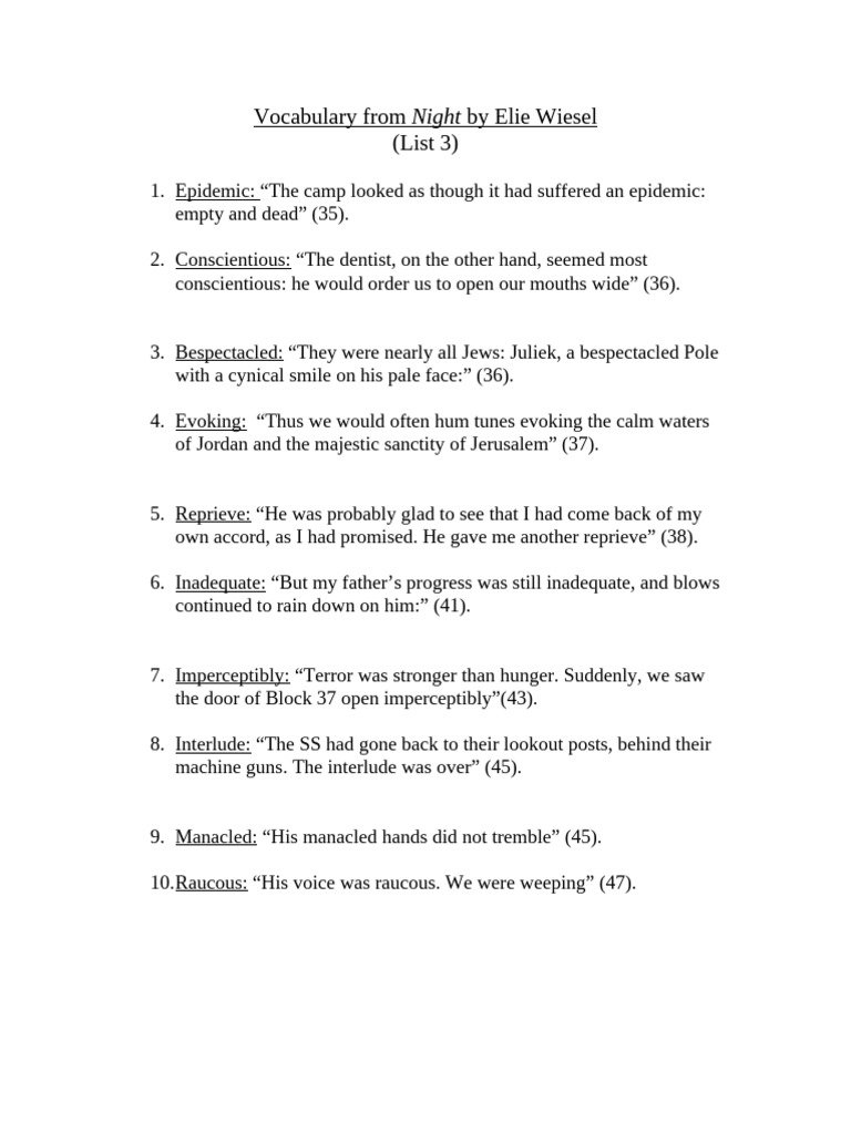Vocabulary List for "Night" by Wiesel | PDF
