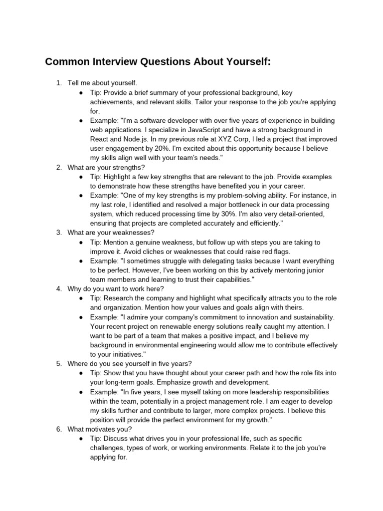 Questions For An Interview in English | PDF | Job Interview | Learning