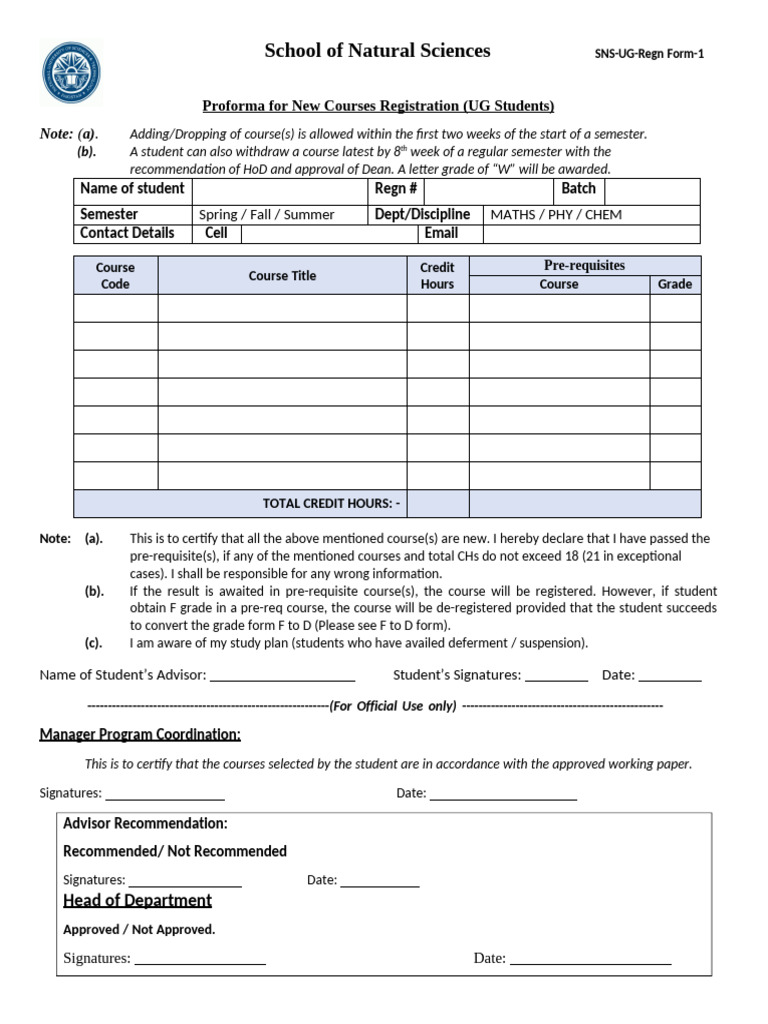 UG Course Registration Form 1 | PDF