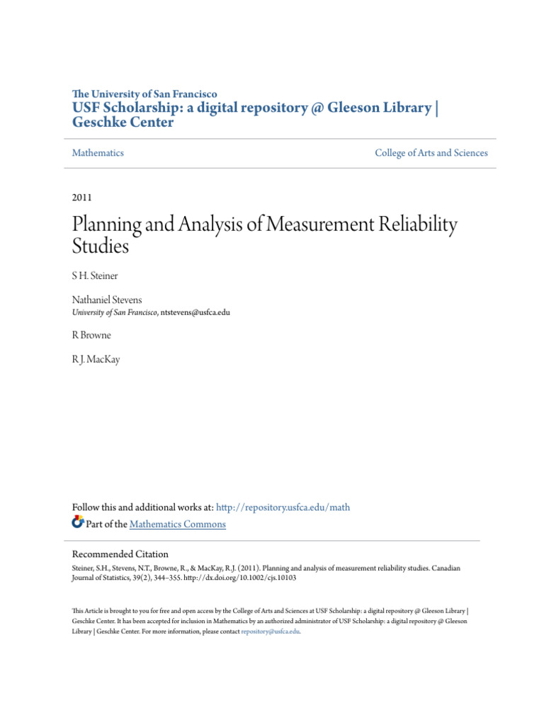 Steiner 2011 Planning and Analysis of Measurement Reliability Studies ...
