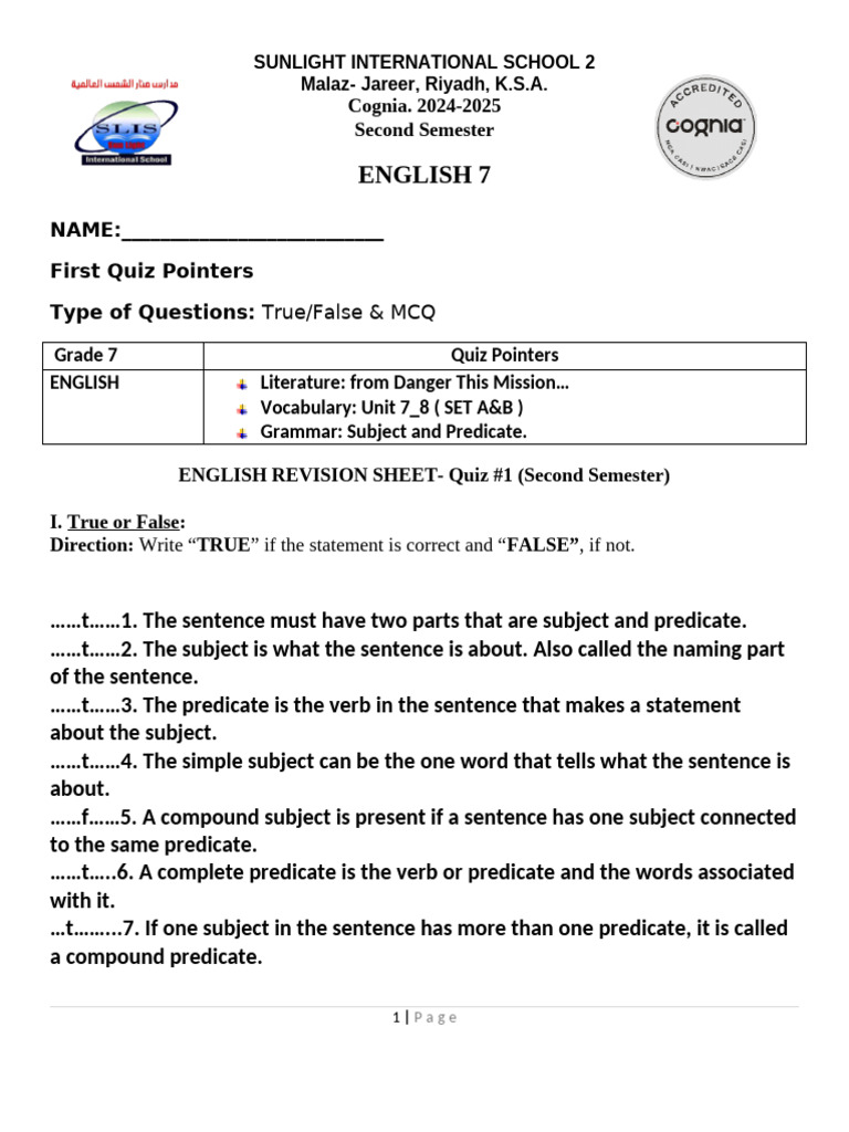 English Grade 7 Sem 2 Quiz 1 Answer | PDF | Subject (Grammar ...