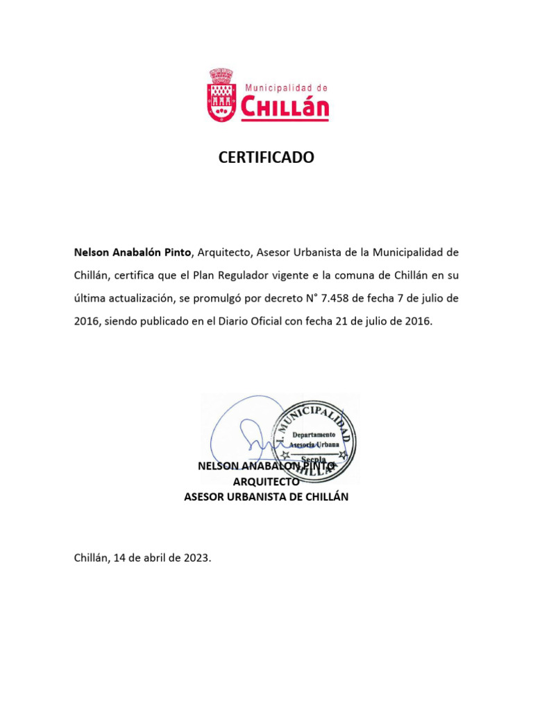 TO - Certificado Plan Regulador 2023 | PDF