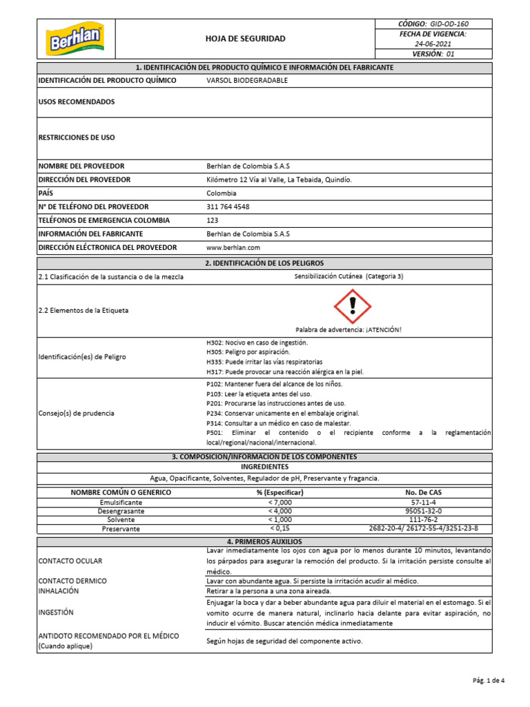 Gid-od-160 Hoja de Seguridad Varsol Biodegradable | PDF | Agua