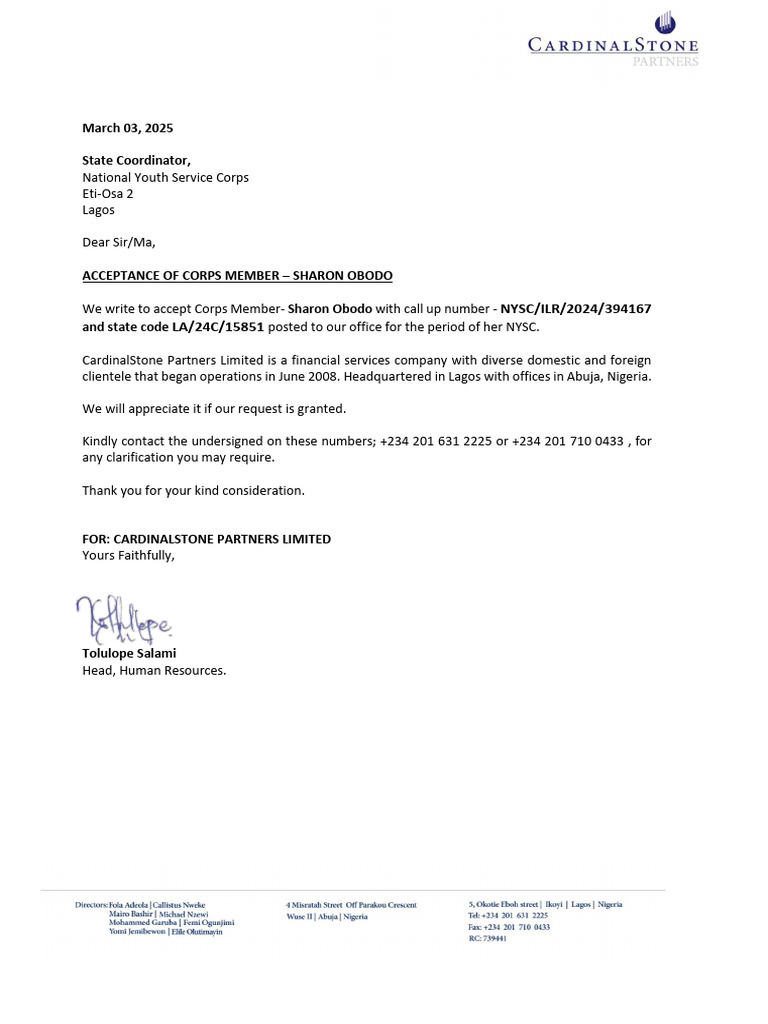 NYSC Acceptance Letter for Sharon Obodo | PDF