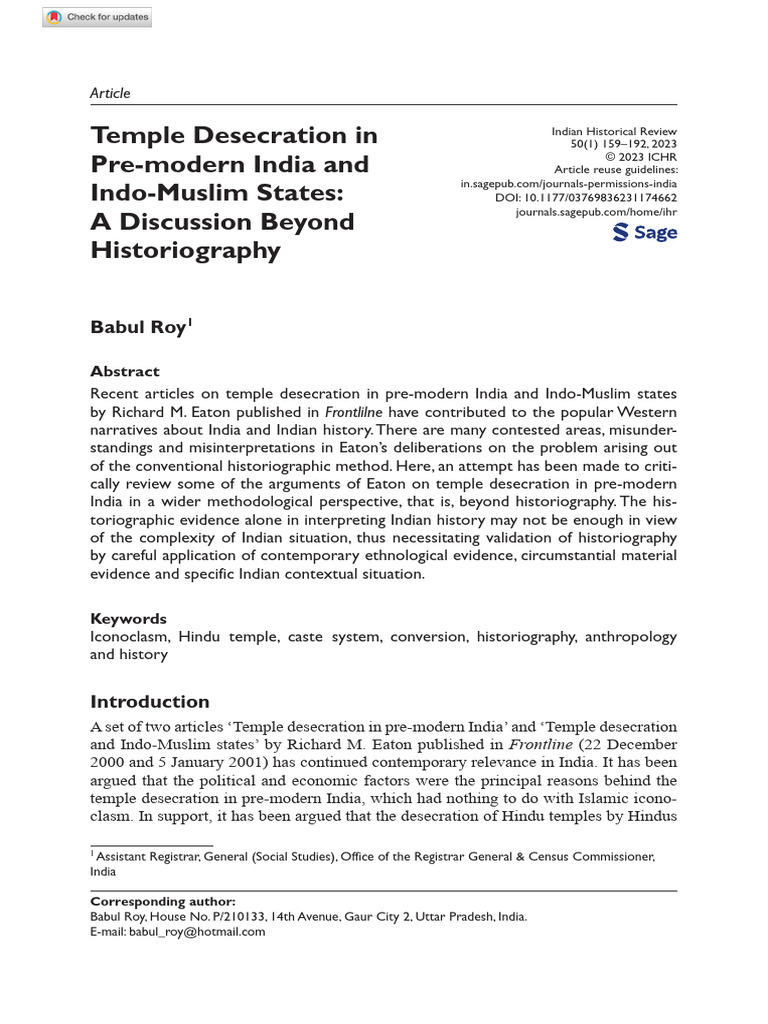 Roy 2023 Temple Desecration in Pre Modern India and Indo Muslim States ...