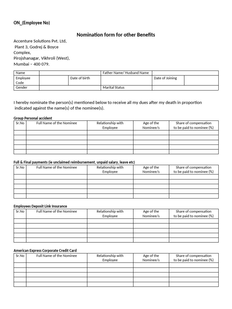 Nomination For Other Benefit | PDF | Employment | Insurance
