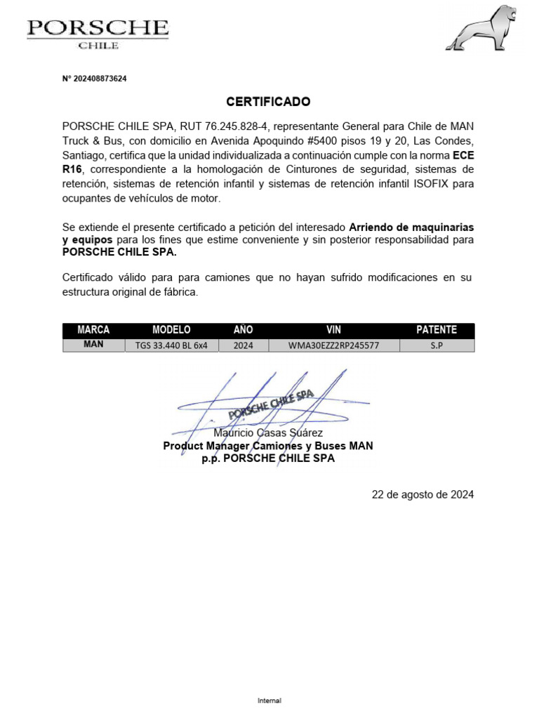 Certificado Cinturones TPVW 58 | PDF