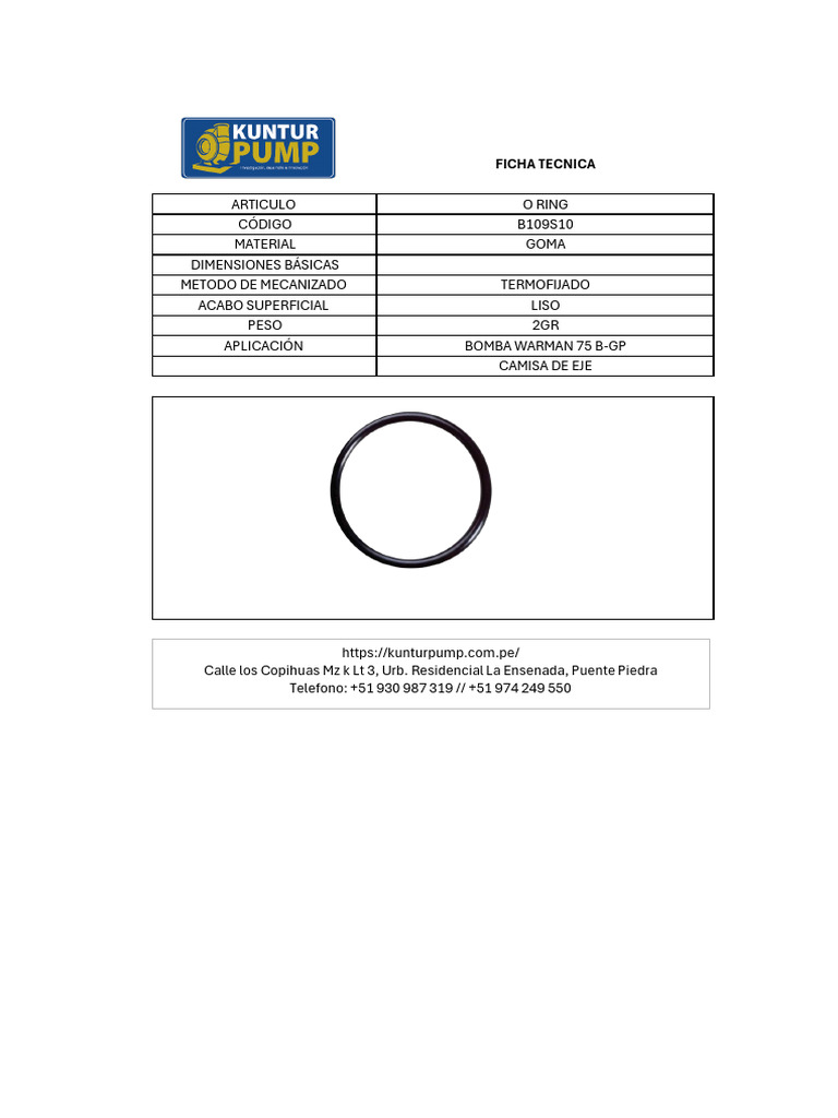 O Ring B109S10 para Bomba Warman 75 B-GP | PDF