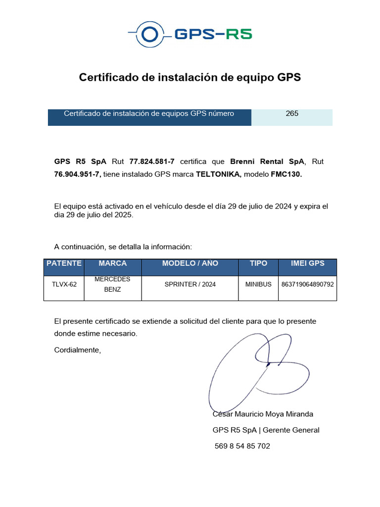 Certificado GPS TLVX 62 | PDF