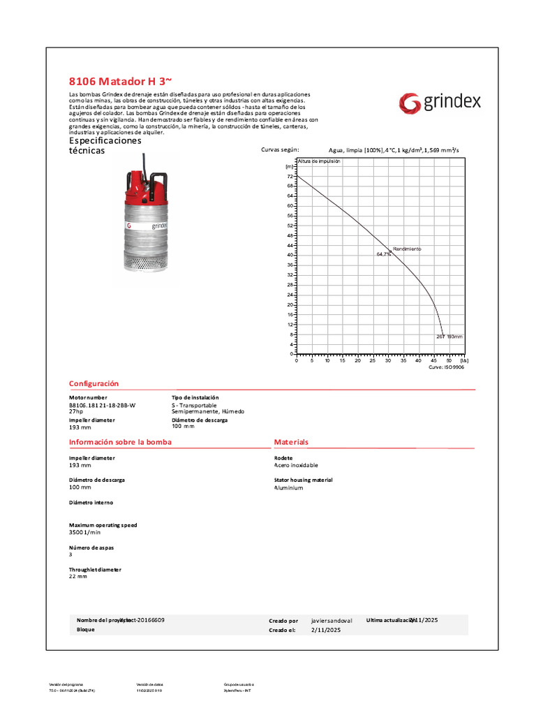 Bombas Grindex Matador H: Especificaciones | PDF | Cantidad ...