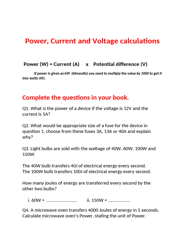 Power Current and Voltage Calculations | PDF