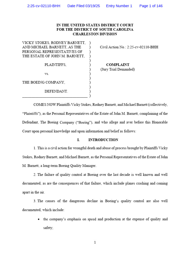Lawsuit Filed Against Boeing in Whistleblower Death | PDF | Lawsuit ...