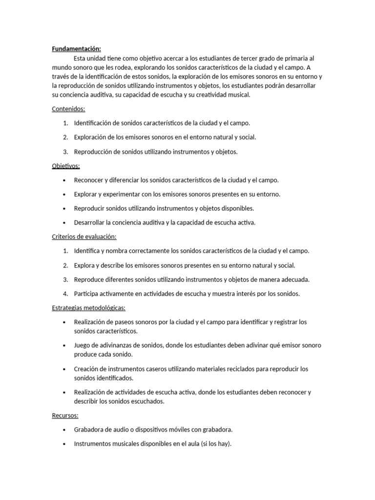 Unidad 1 - 8 Clases. Tercer Grado Sonido Del Campo y La Ciudad. | PDF ...