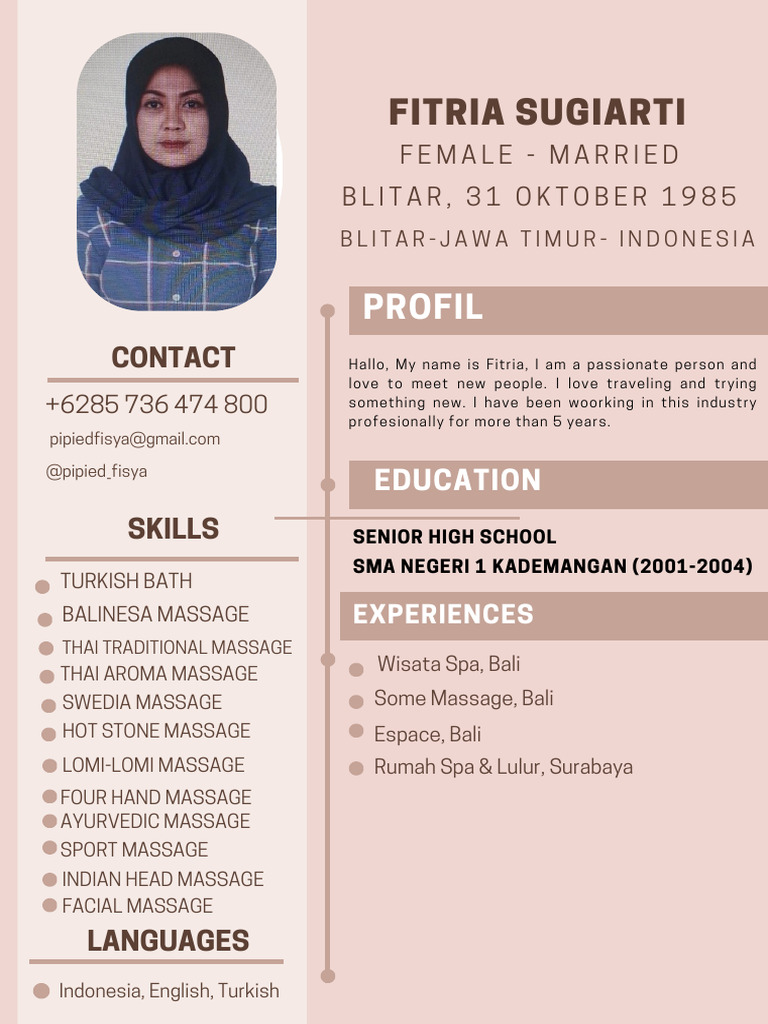 Fitria Sugiarti: Massage Therapist Profile | PDF