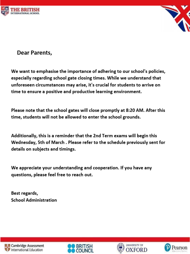 School Gate Closure and Exam Reminder | PDF