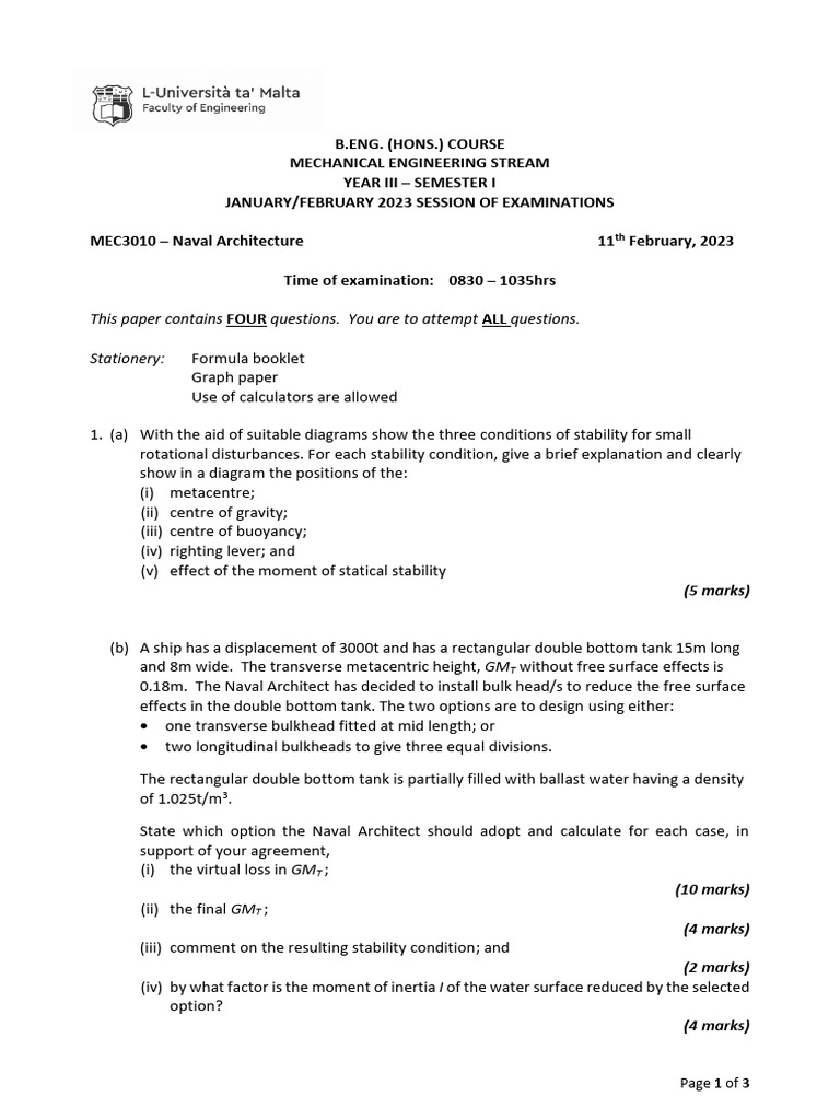 MEC3010 - Naval Architecture FINAL | PDF | Naval Architecture | Watercraft