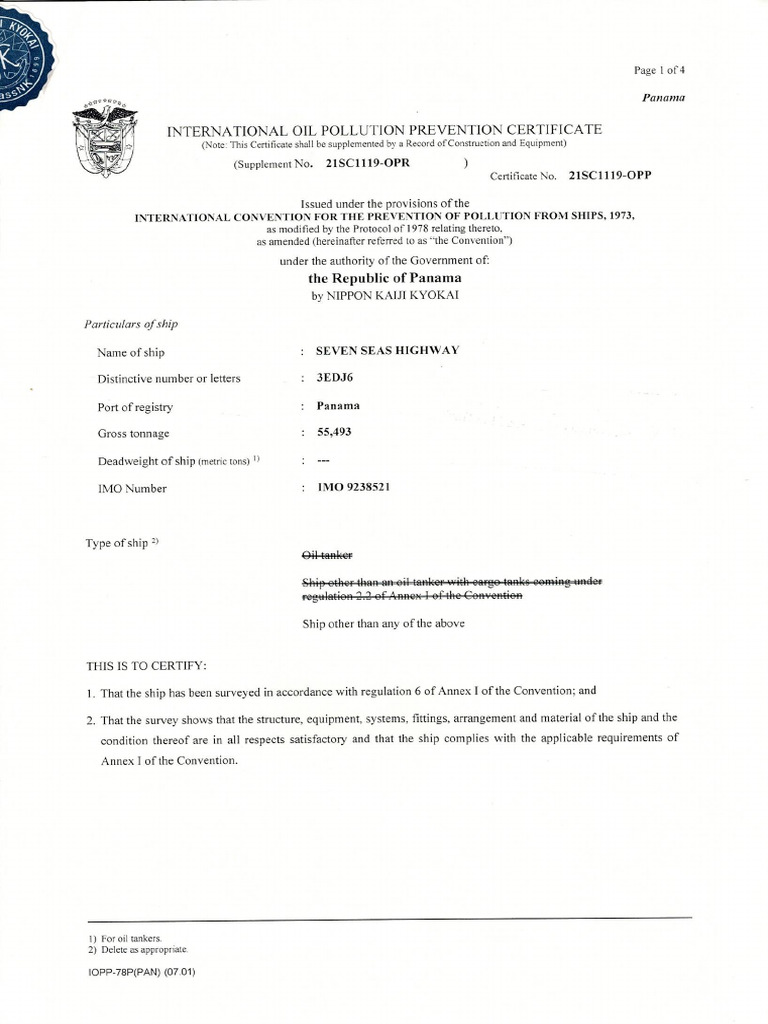 International Oil Pollution Prevention Certificate (IOPP) | PDF
