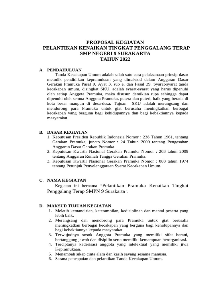 Proposal Kegiatan Pelantikan Penggalang Terap 2022 | PDF
