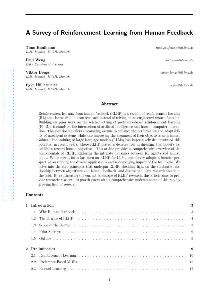 A Survey of Reinforcement Learning from Human Feedback | PDF | Machine Learning | Learning