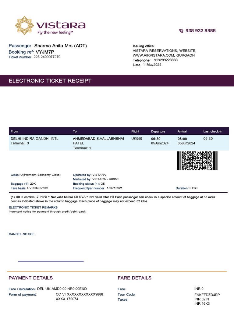 Vistara Electronic Ticket Receipt | PDF | Business Class | Fee