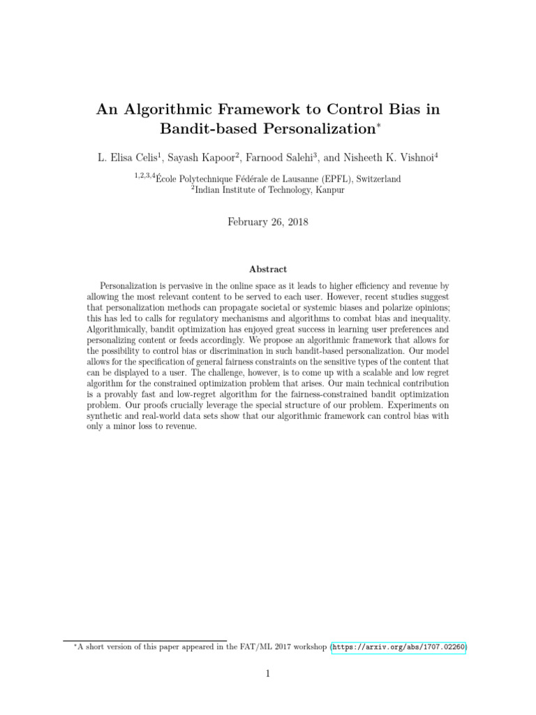 An Algorithmic Framework to Control Bias in Bandit-based Personalization | PDF | Linear ...
