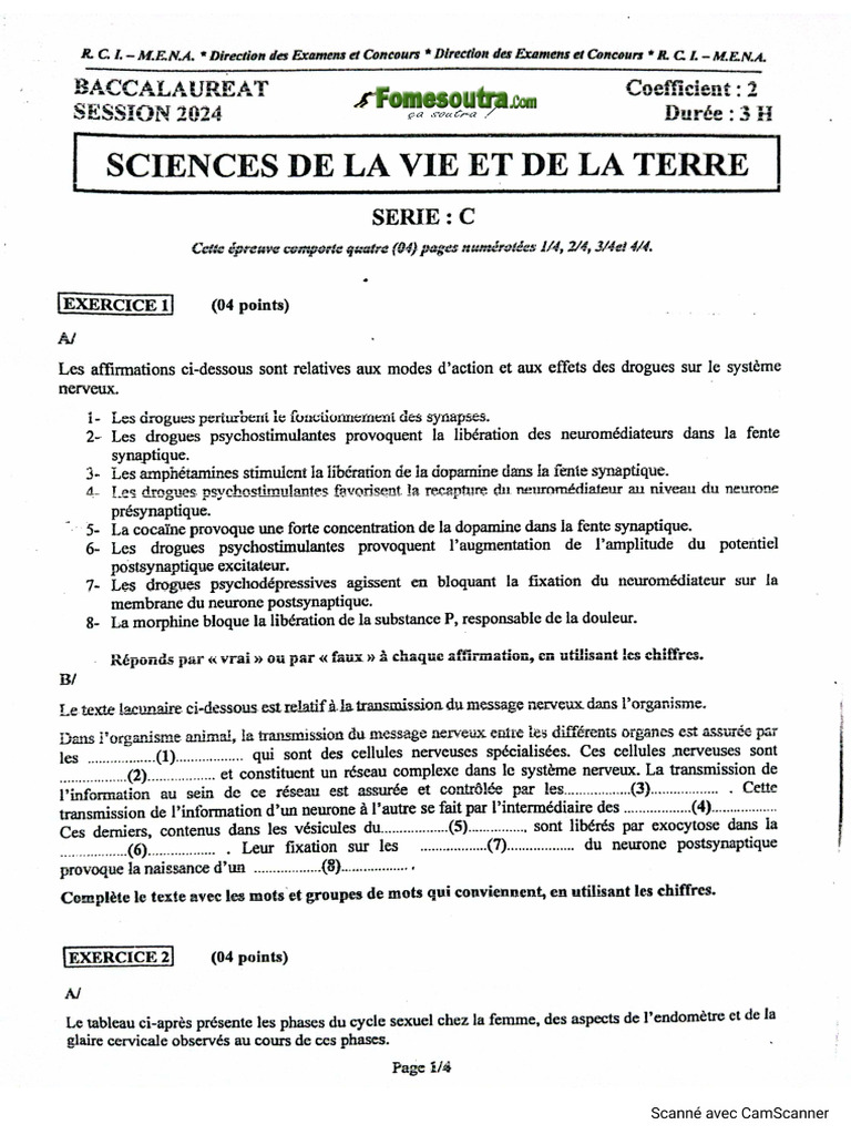 Sujet Et Corrigé Bac 2024 SVT Serie C | PDF