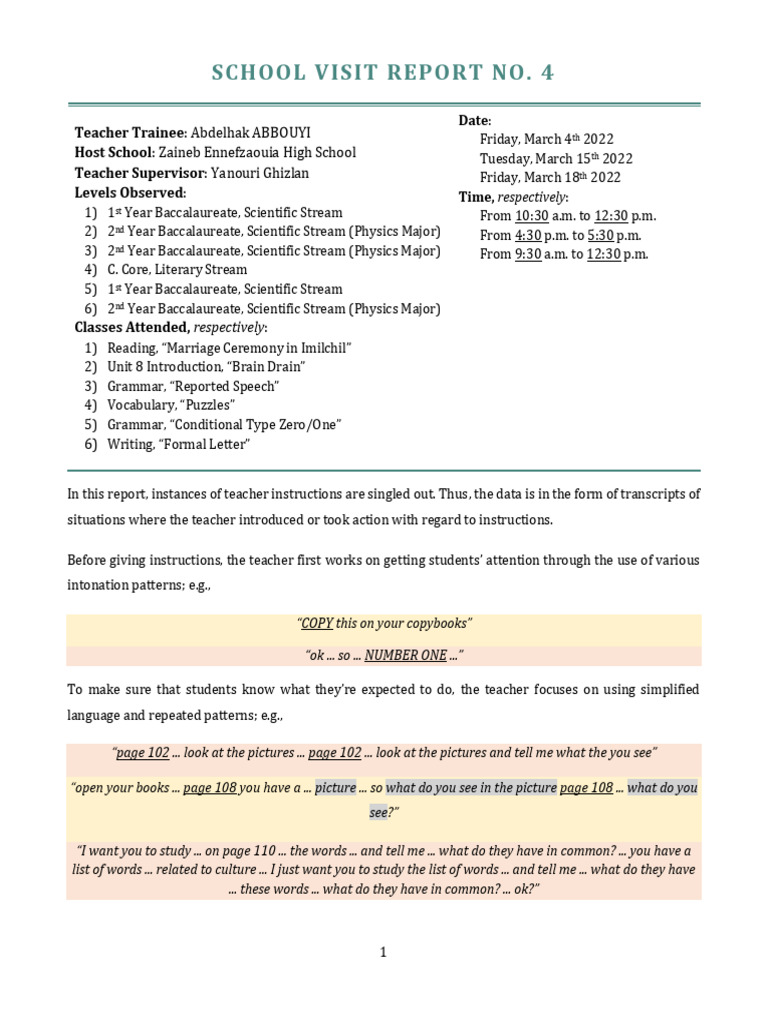 School Visit Report No. 4 | PDF | Sentence (Linguistics) | Cognitive ...