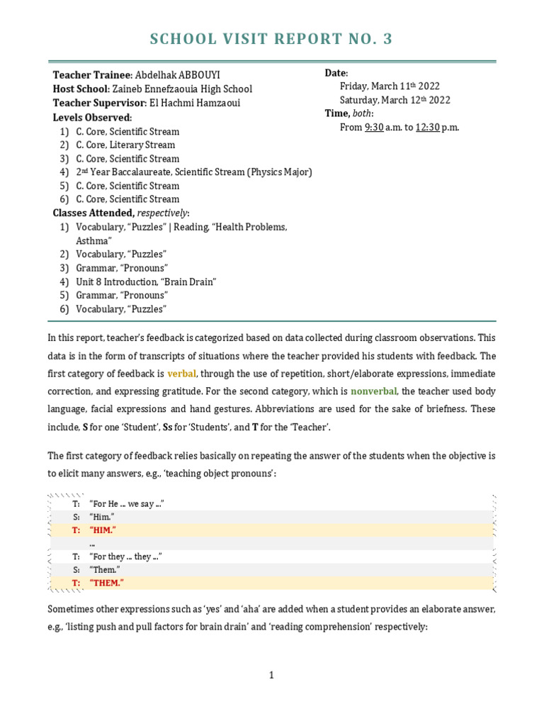 School Visit Report No. 3 | PDF | Human Communication | Communication