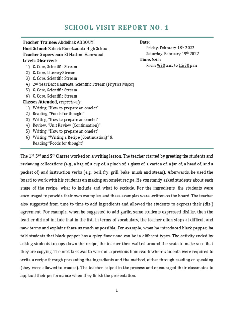 School Visit Report No. 1 | PDF | Garlic | Teachers