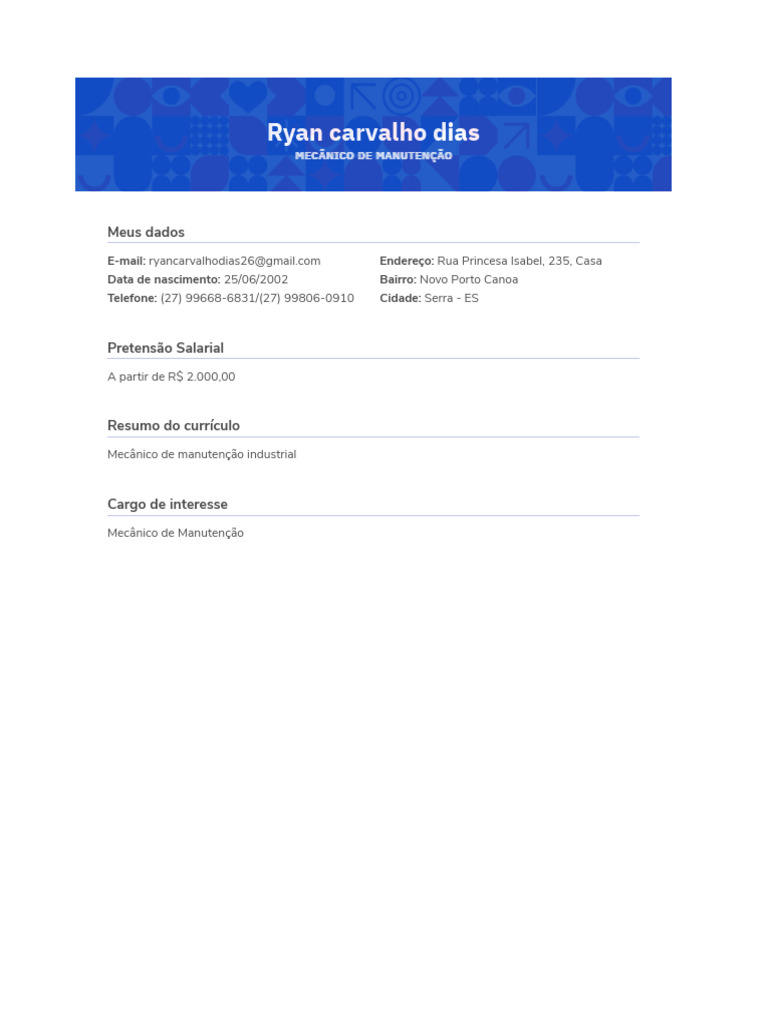 Curriculo Ryan Carvalho Dias 2 | PDF