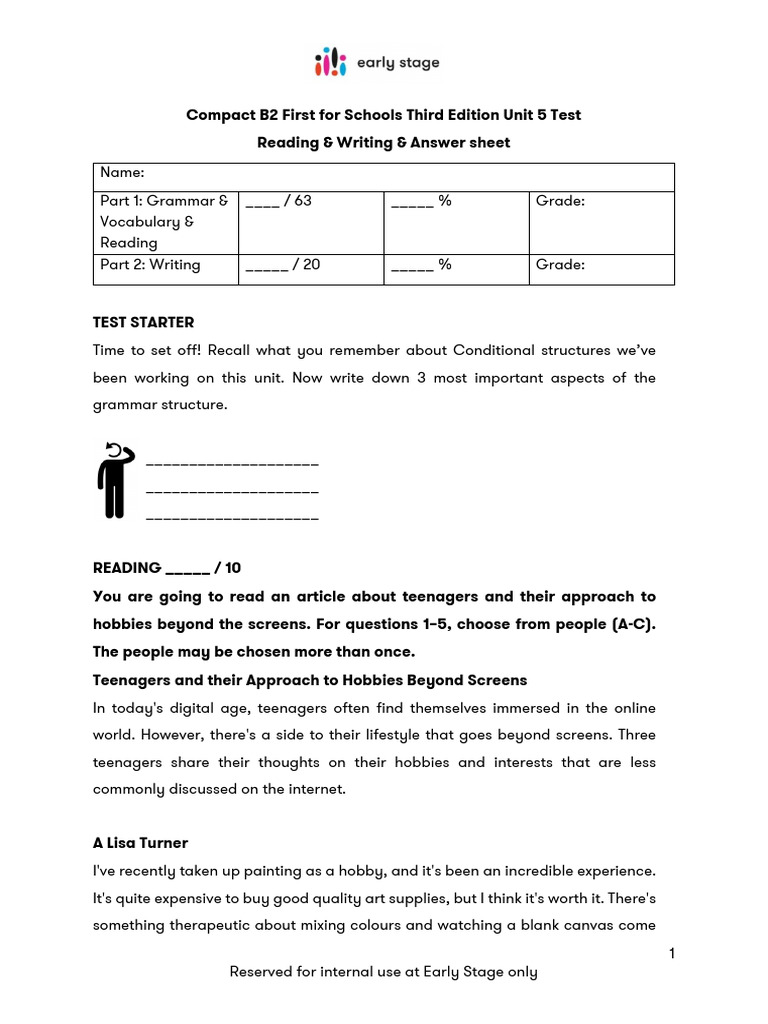 Compact B2 First For Schools Unit 5 Test - Answer Sheet - Reading ...