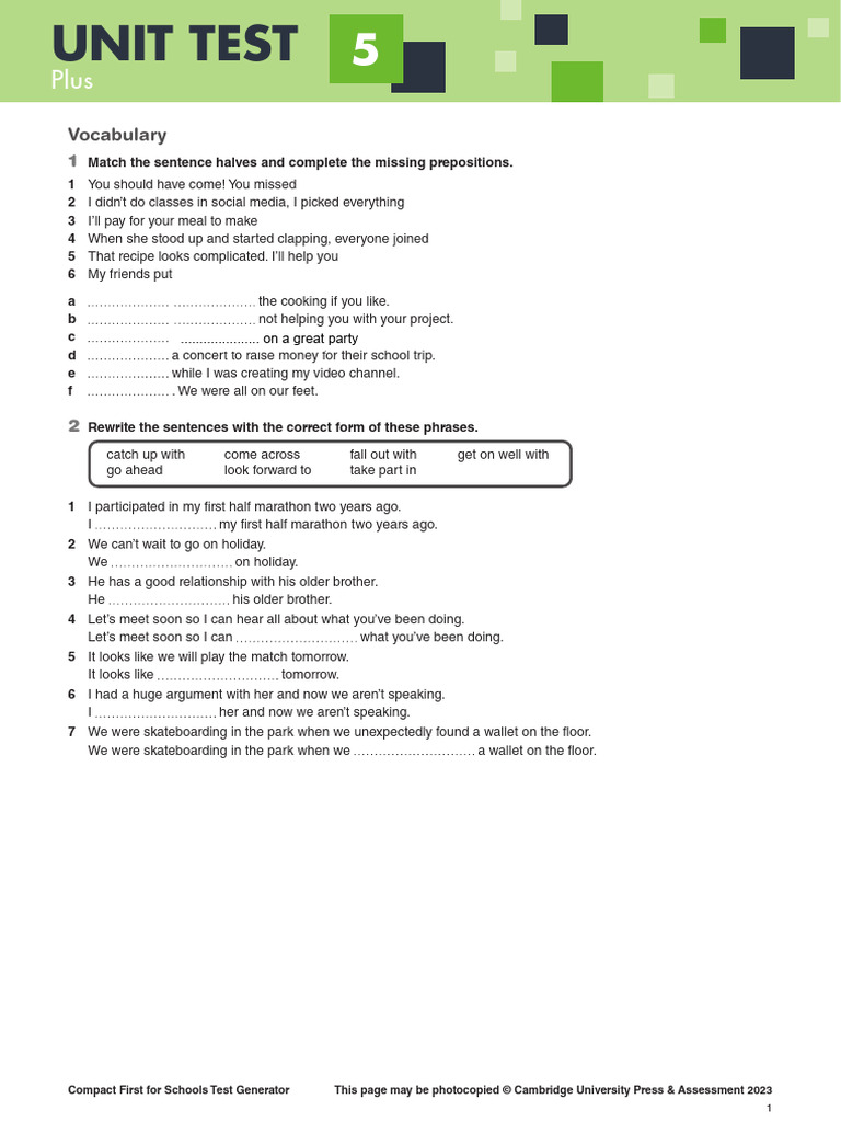 CFFS - Unit Test Unit 5 - Cambridge - For Students | PDF | Language ...