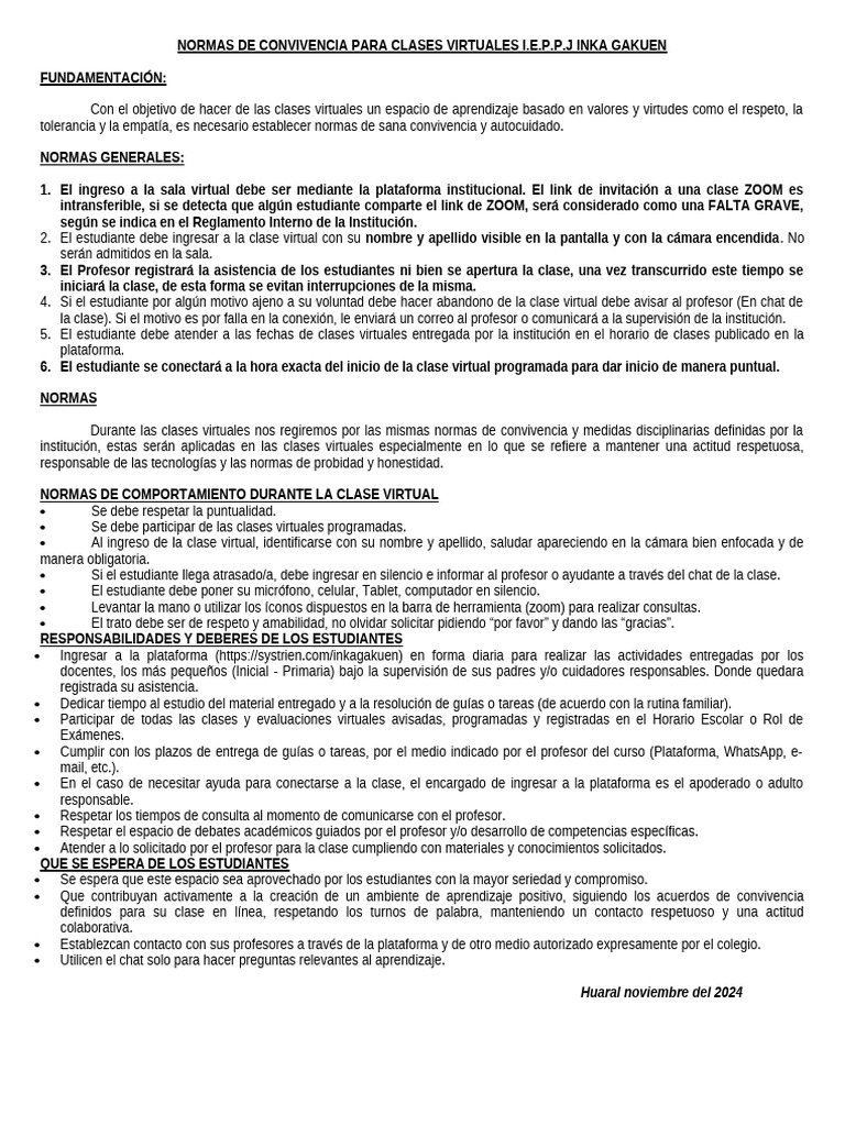 NORMAS DE CONVIVENCIA PARA CLASES VIRTUALES - ALUMNOS | PDF