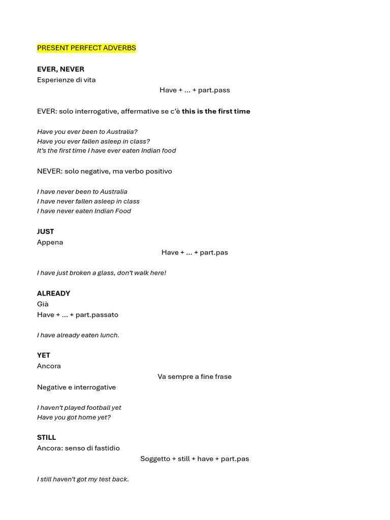 Present Perfect Adverbs | PDF