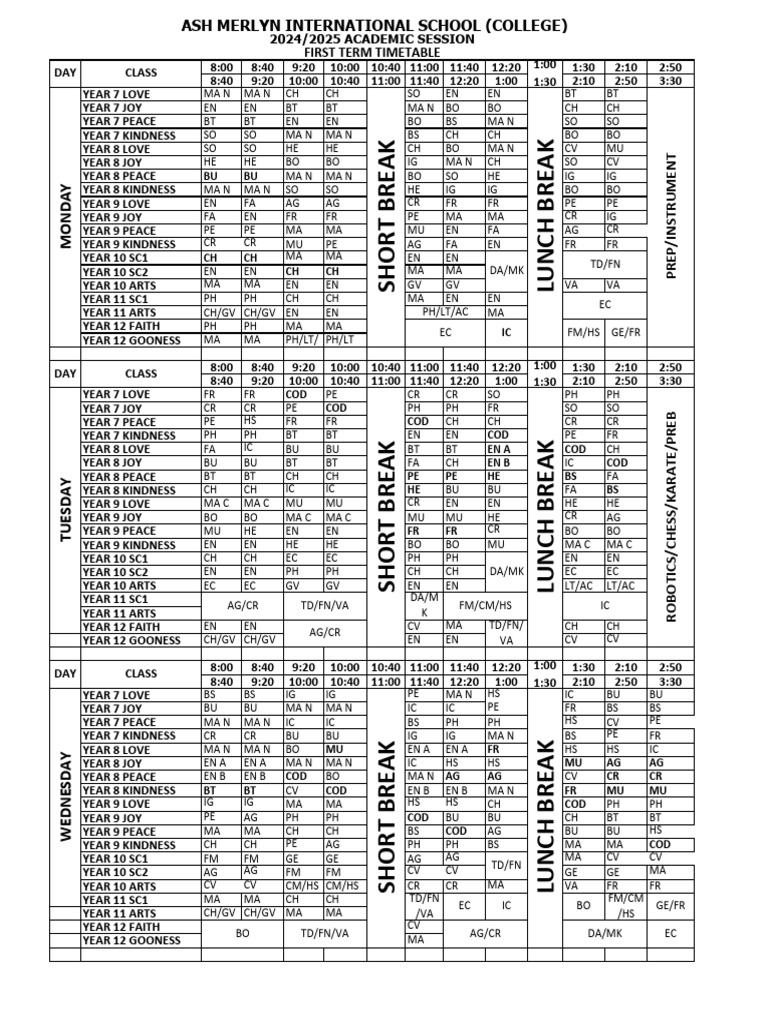 First Term 20242025 Timetable | PDF | Science