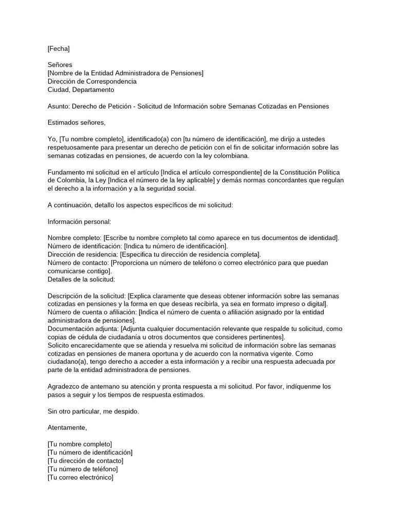 Modelo de Derecho de Peticion para Pedir Semanas Cotizadas en Pensiones ...