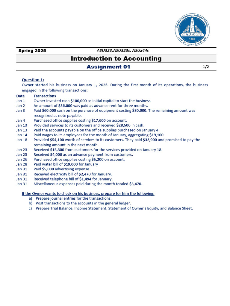 ASU323 - ASUx44s - Assignment 01 - Spring 2025 | PDF | Accounting | Money