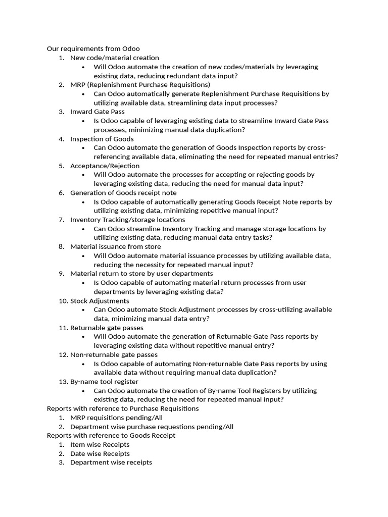 Our Requirements From Odoo Mom Draft | PDF | Inventory | Scalability