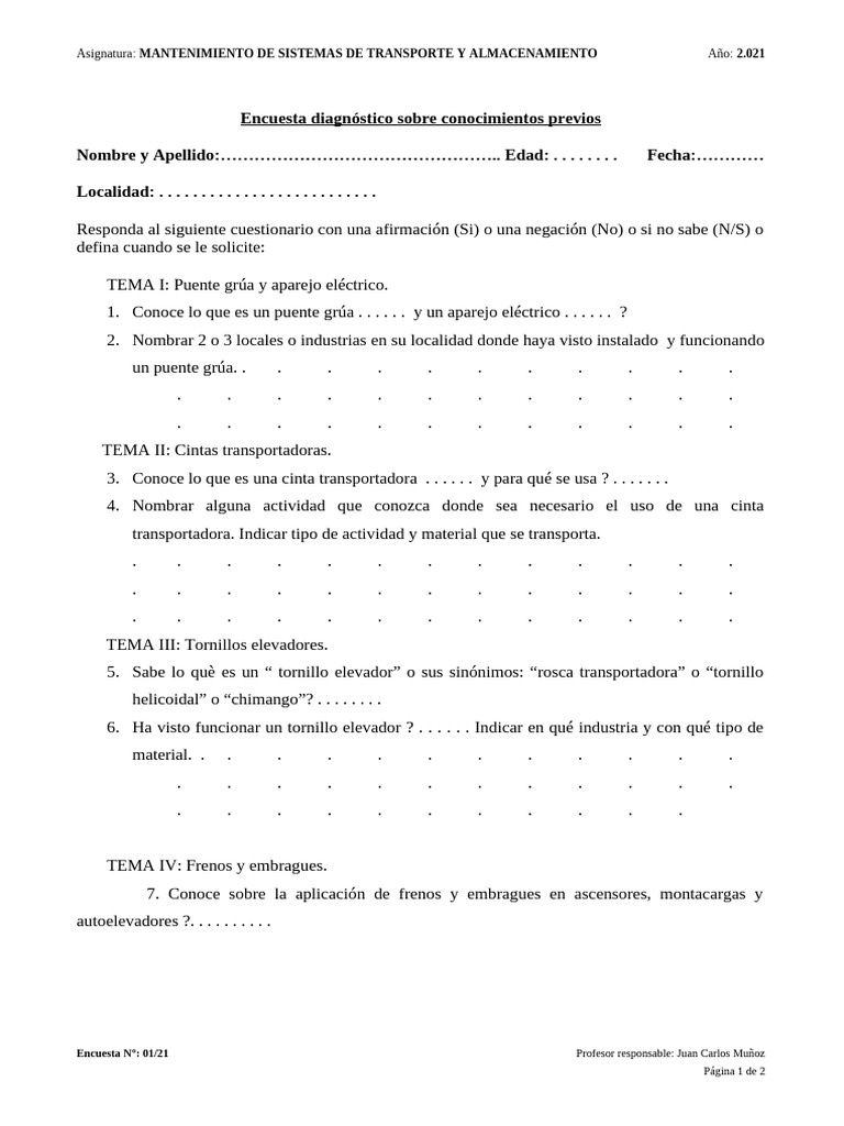 Cuestionario Diagnostico 2021 | PDF | Tornillo