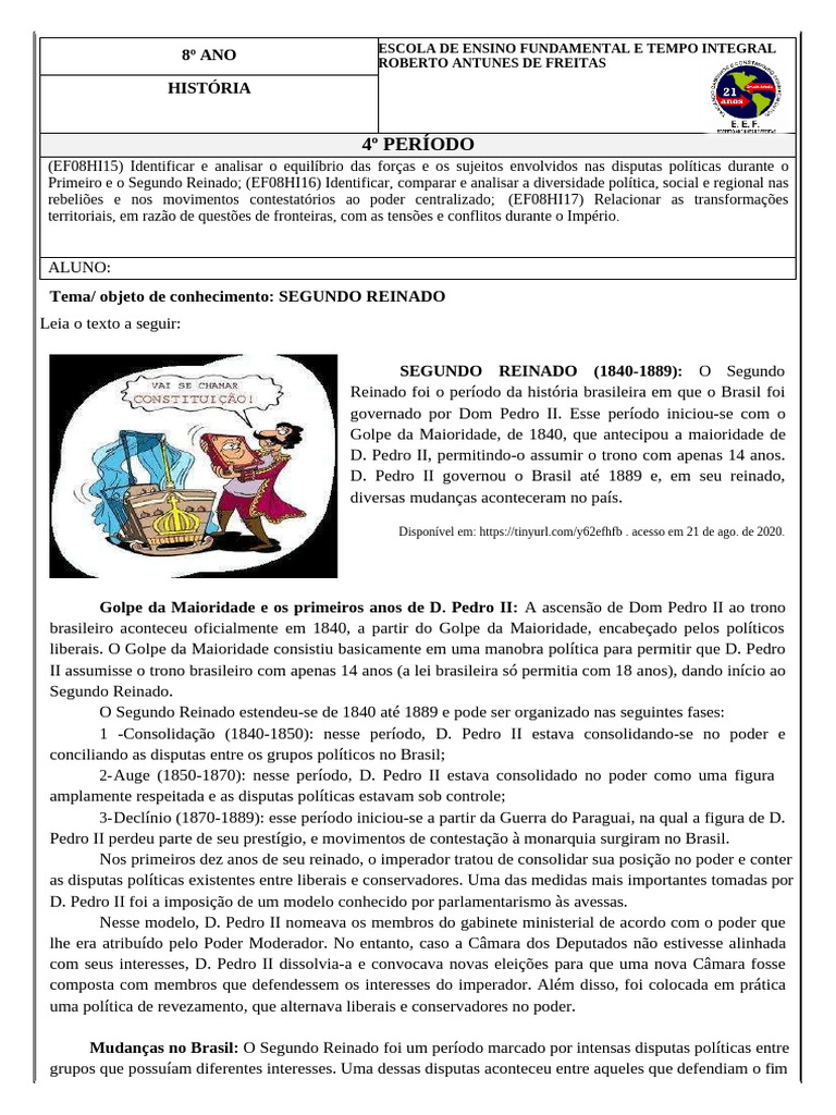 Segundo Reinado - Atividades | PDF | Brasil | Escravidão