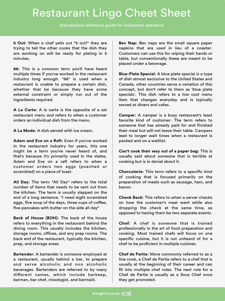 Restaurant Lingo Cheat Sheet | PDF | Restaurants | Menu