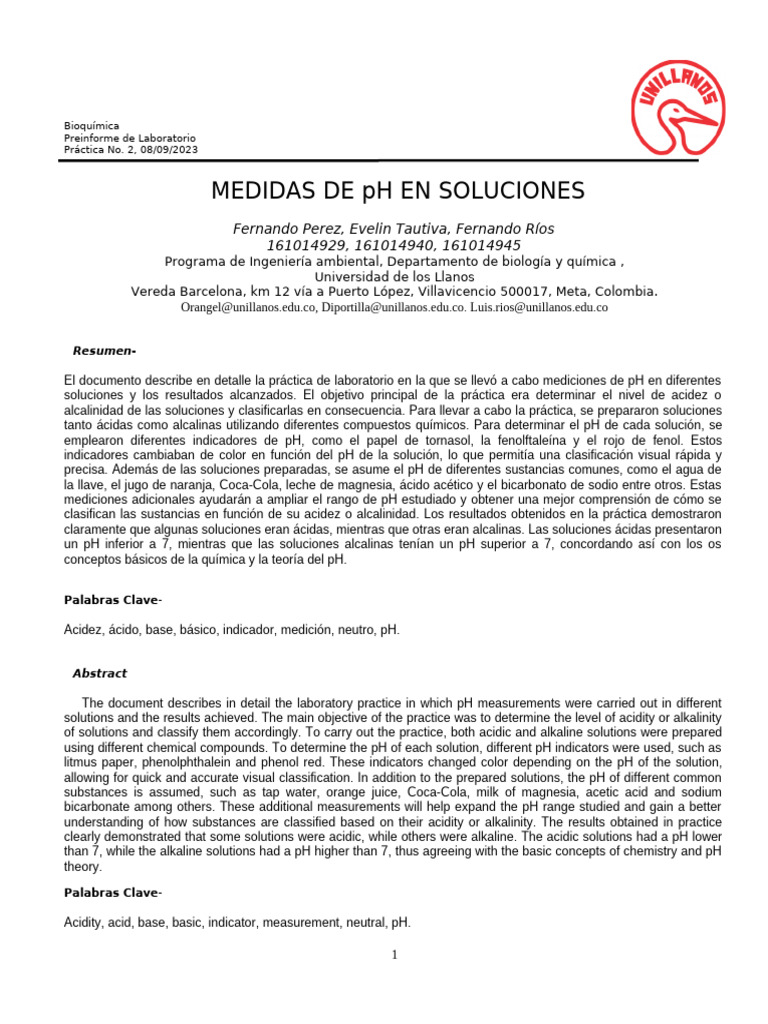 Informe Practica 2 Bioquimica (Mediciones PH) | PDF | Ph | Ácido clorhídrico