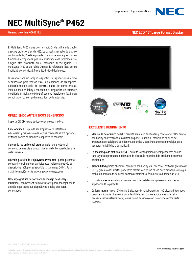 Pantalla NEC MultiSync P462 46" 24/7 | PDF | Hdmi | Tecnología de ...