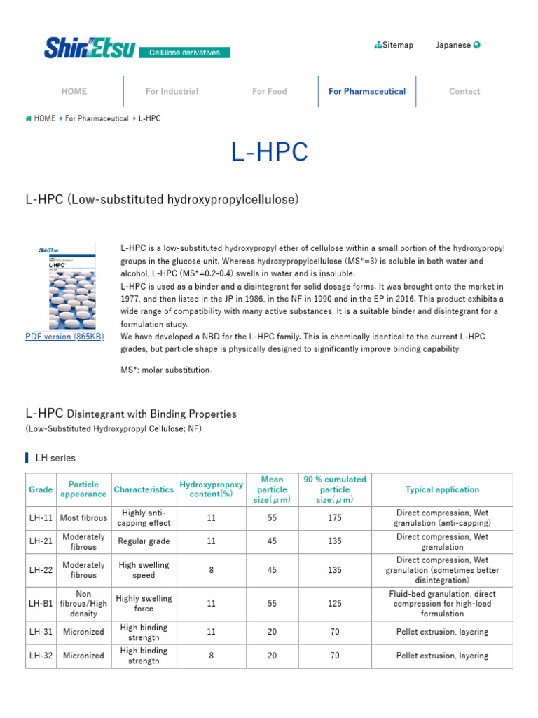 L-HPC - For Pharmaceutical - Shin-Etsu | PDF | Industrial Processes | Materials