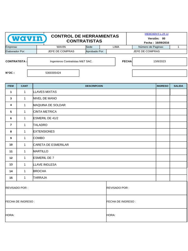 MEXICHEM-F-L-29-LI Formato de Control de Herramientas | PDF