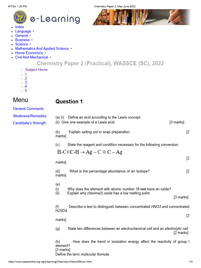 Wassce Waec 2022 Chemistry Paper 2 Past Questions and Answer PDF | PDF ...