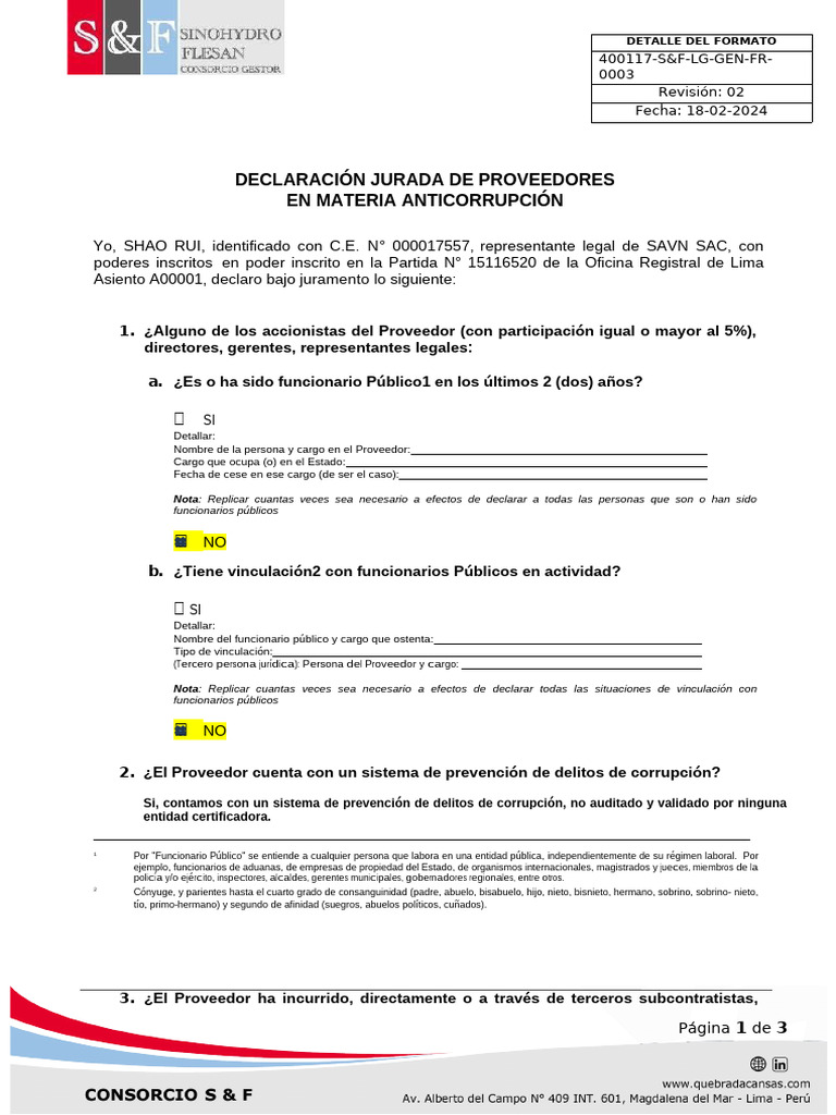 400117-S&F-LG-GEN-FR-0003 - 2 Declaración Jurada de Proveedores en Materia Anticorrupción | PDF ...