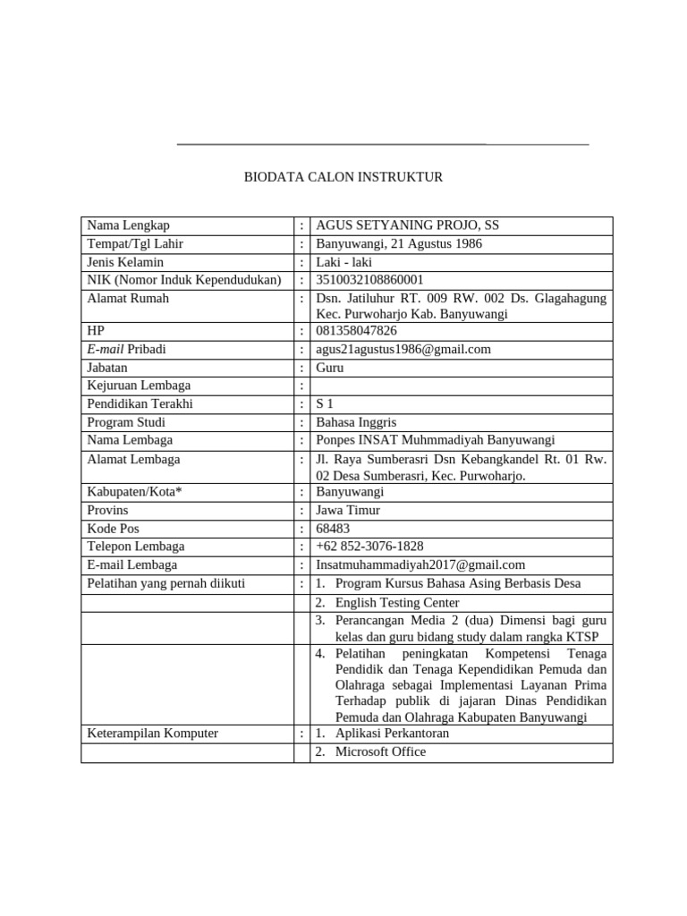 Biodata Calon Instruktur Agus SP | PDF