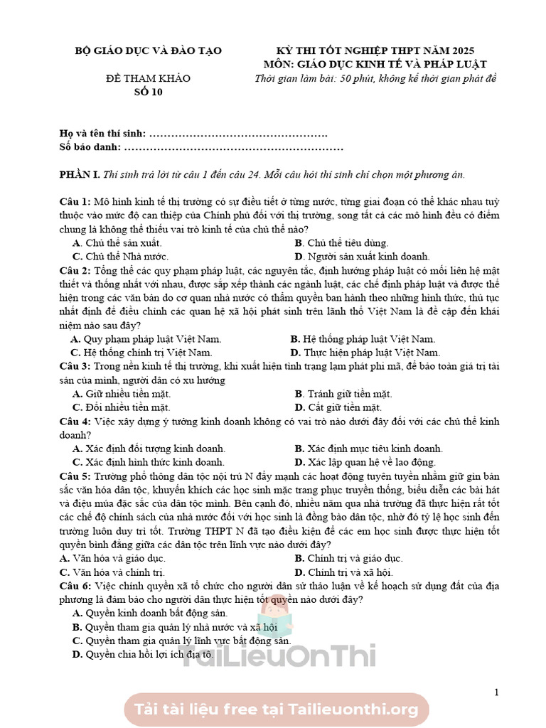 Đề Vip 10 - Phát Triển Đề Minh Họa Bgd Năm 2025 - Môn Gd Kt&Pt (Lh10) .Image.marked | PDF