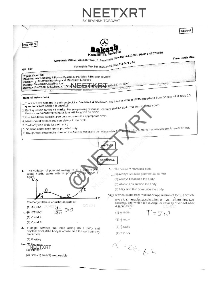 FT 03 Code A Phase 01 Question Paper by @neetxrt | PDF
